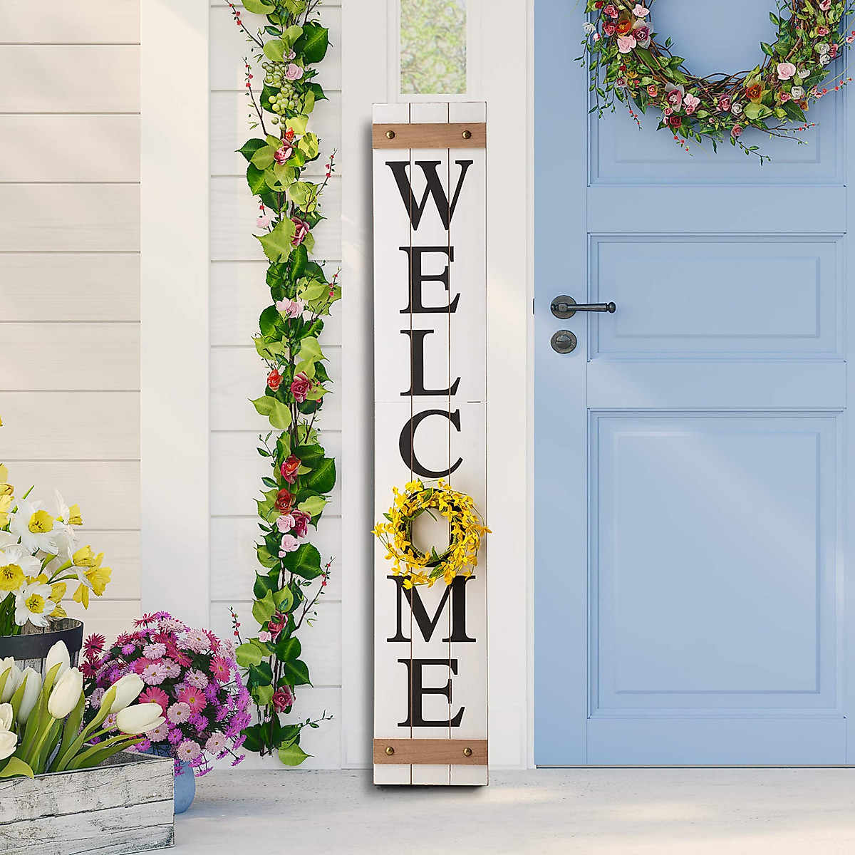 Glitzhome Wooden Welcome Sign for Porch Front Door Outdoor Rustic Farmhouse Vertical Hanging Wall Decor with Changable Wreathes, 60"H, White