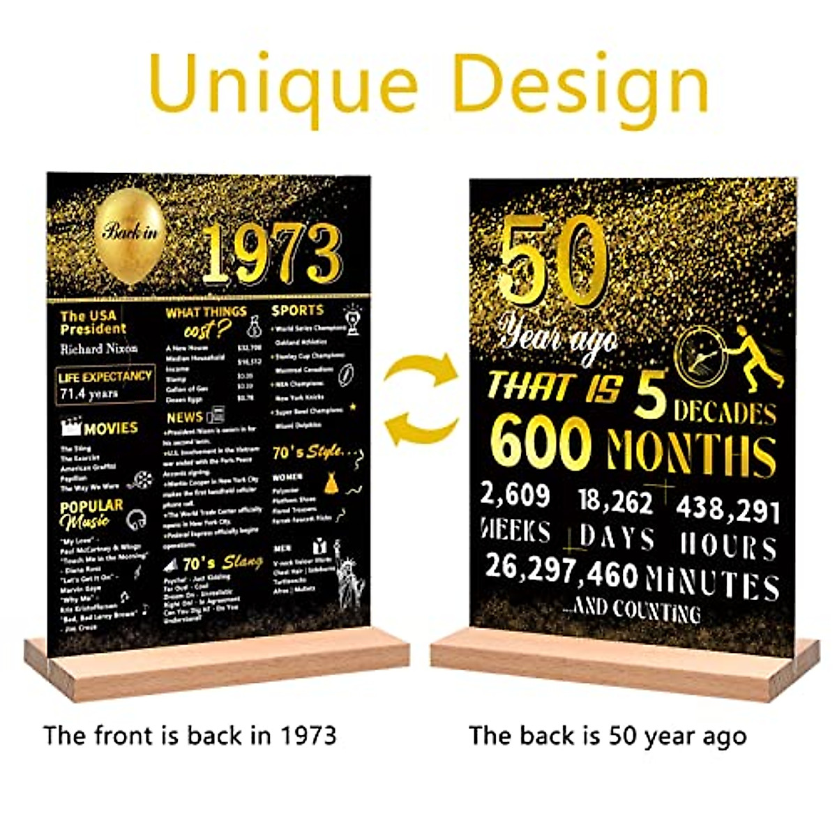 Vlipoeasn Large Size 1973 Poster 50th Birthday Anniversary Table Decoration for Women, Black Gold Duplex Print Back in 1973 Acrylic Table Sign with Wooden Stand, 50 Year Old Birthday Gifts for Women