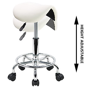 KKTONER Saddle Stool with Foot Rest PU Leather Swivel Adjustable Rolling Stool with Wheels Facial Salon Chair (White)