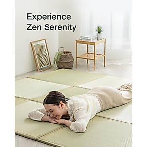 FULI Japanese Square Tatami Rug, Lightweight Igusa Mat (Japanese Rush Grass), Made in Japan (Natural, 4 Pieces)