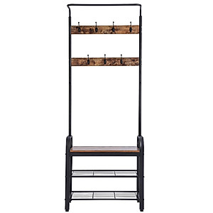 Sunnyglade Vintage Coat Rack Shoe Bench, Hall Tree Entryway Storage Shelf, Wood Look Accent Furniture Metal Frame, 3 in 1 Design, Easy Assembly