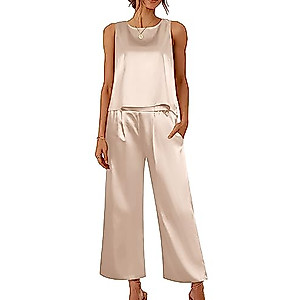 Ekouaer Silk Pajama set for Women Satin Pj Set Crop Top and Long Pant Lounge Set Two Piece Sleep Set Champagne M