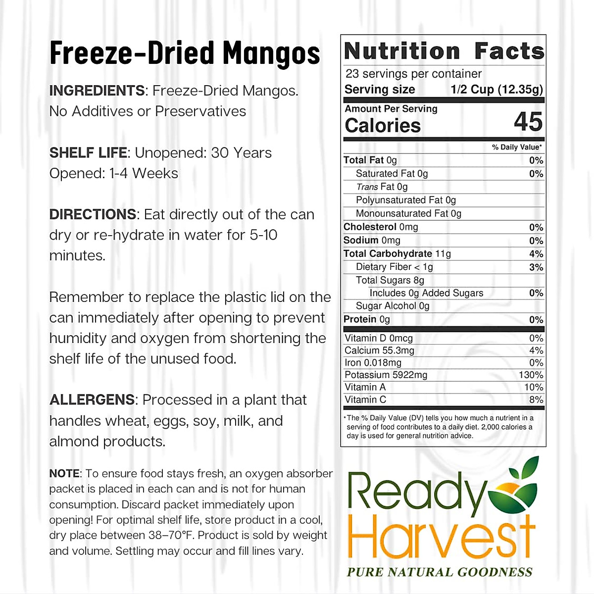 Ready Harvest Freeze Dried Mango Freeze Dried Fruit, Freeze Dried Food Gluten Free Snacks, Fruit Snacks, Canned Food, Bug Out Bag Camping Essentials #10 Can, 25-year shelf life 6 cans 397g