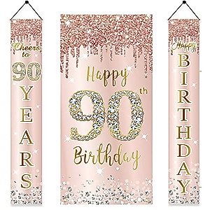 2Pcs 90th Birthday Banner Decorations for Women, Pink Rose Gold Happy 90 Birthday Sign Party Supplies, Cheers to 90 Years Birthday Backdrop Decor