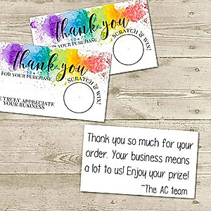 Rainbow Watercolor Themed Scratch & Win Customer Appreciation Package Inserts for Small Businesses, 20 2" X 3.5” Single Sided Insert Cards with Scratch Off Stickers included by AmandaCreation