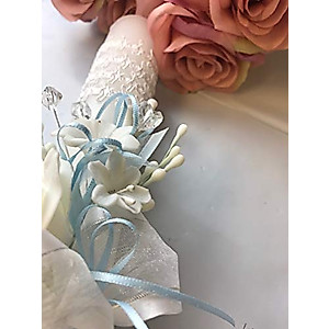 OOKi- Baptism Candle Flowers Crystals Cross lace and Ribbon Favor,Christening,Blessing Day,Communion Candle,Christening Ceremony Candle (Blue)