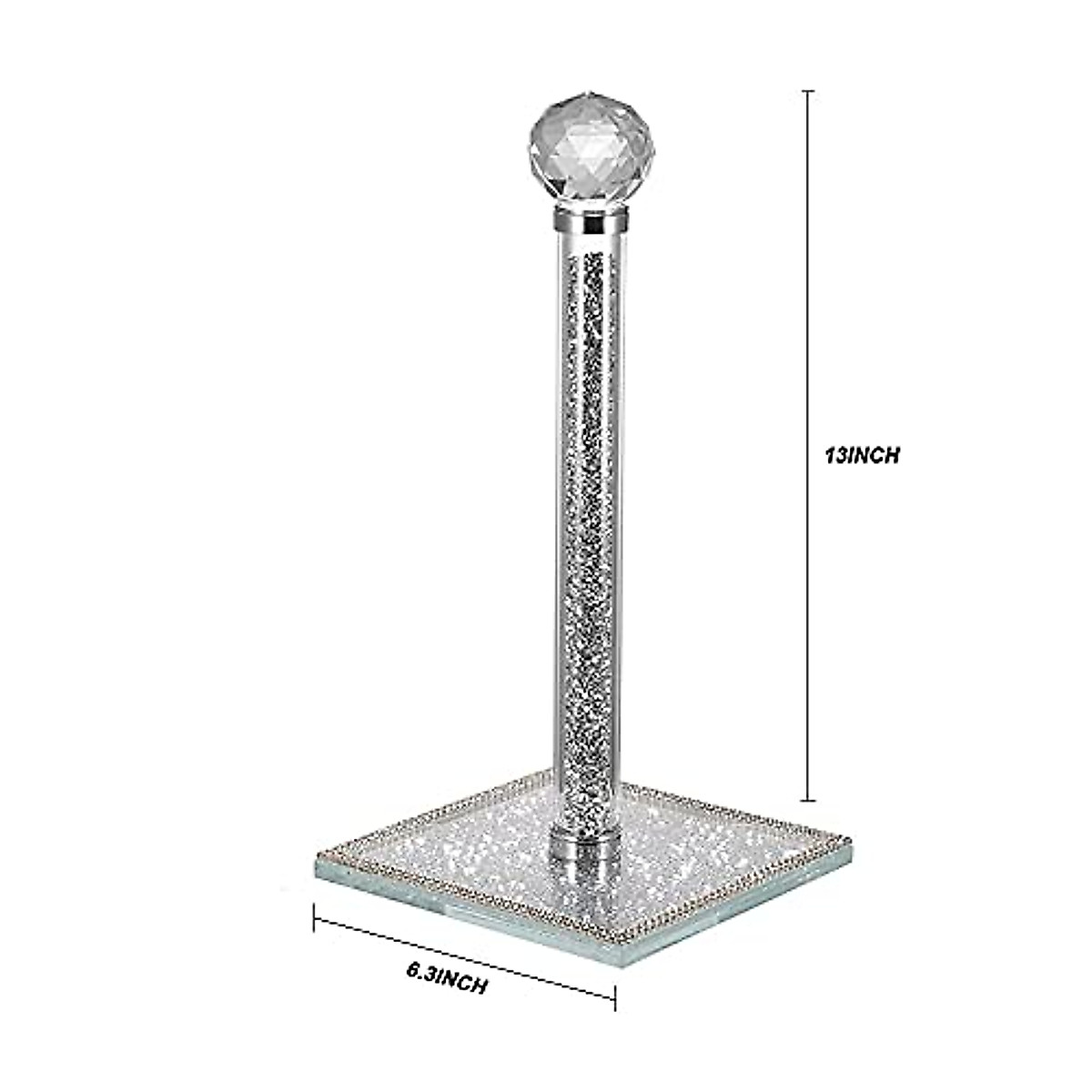 Handmade Silver Paper Towel Roll Holder, Filled with Sparkly Crystal Crushed Diamonds for Kitchen / Bathroom Towel Tissue Roll Countertop, 13inch Height 6.3inch Square Base Freestanding Holder