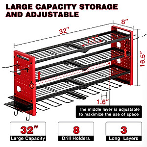 NattyDot Power Tool Organizer Wall Mount,Cordless Drill Organizer,4 Layers Large Capacity Tool Rack with 8 Drill Holders (RED)
