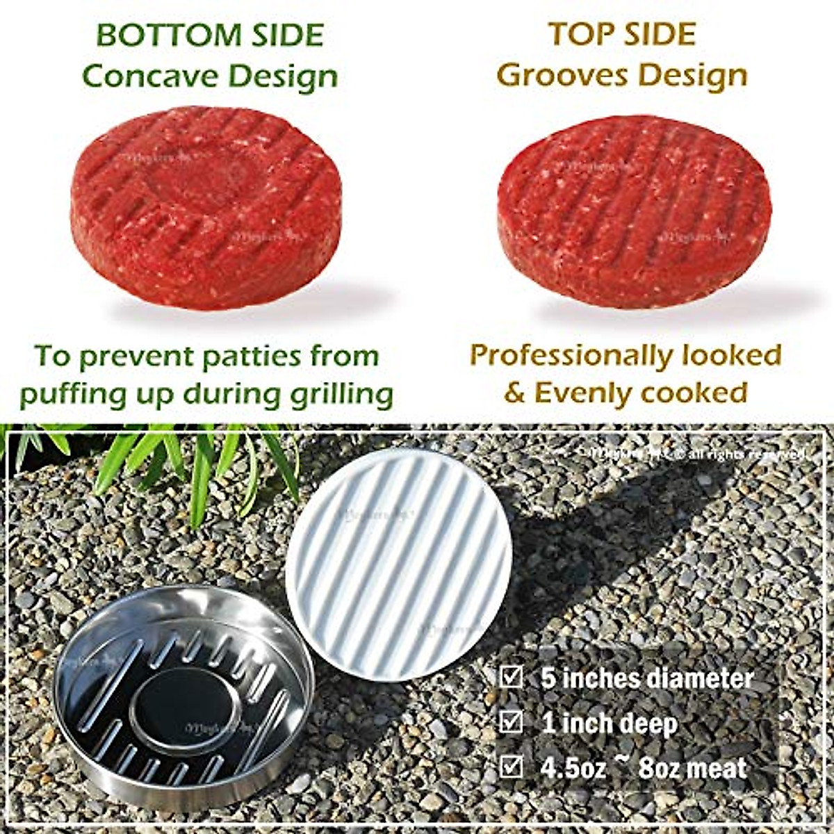 Meykers Burger Press 5" Hamburger Press Patty Maker | Patty Press Burger Mold Ring | with 100 Patty Papers | Porcelain Smasher Stainless Steel Shaper Smash for Meat Beyond Veggie Turkey Vegan Beef