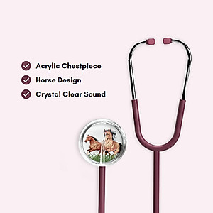 Great for Veterinarians Or Animal Lovers, Burgundy Stethoscope, Horses on Diaphragm