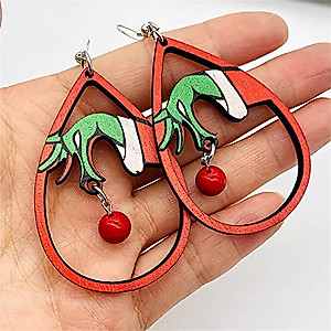 WCRAZYE Christmas Wood Earrings for Women Handmade Wooden Teardrop Dangle Earrings Christmas Xmas New Year Party Earrings Set Winter Holiday Jewelry Gift (Red)