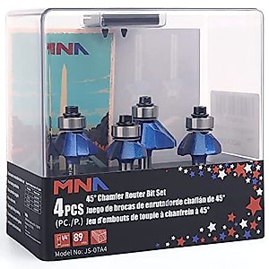 MNA 45 Degree Chamfer Bit 4 Pcs Set,1/4 Inch Shank Cutting Diameter in 1/4”, 5/16”, 3/8”, 1/2”.Ideal for Angled Edges, Clean Edge(Send Bearing)