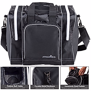 Athletico Bowling Bag for Single Ball - Single Ball Tote Bag With Padded Ball Holder - Fits a Single Pair of Bowling Shoes Up to Mens Size 14 (Black)