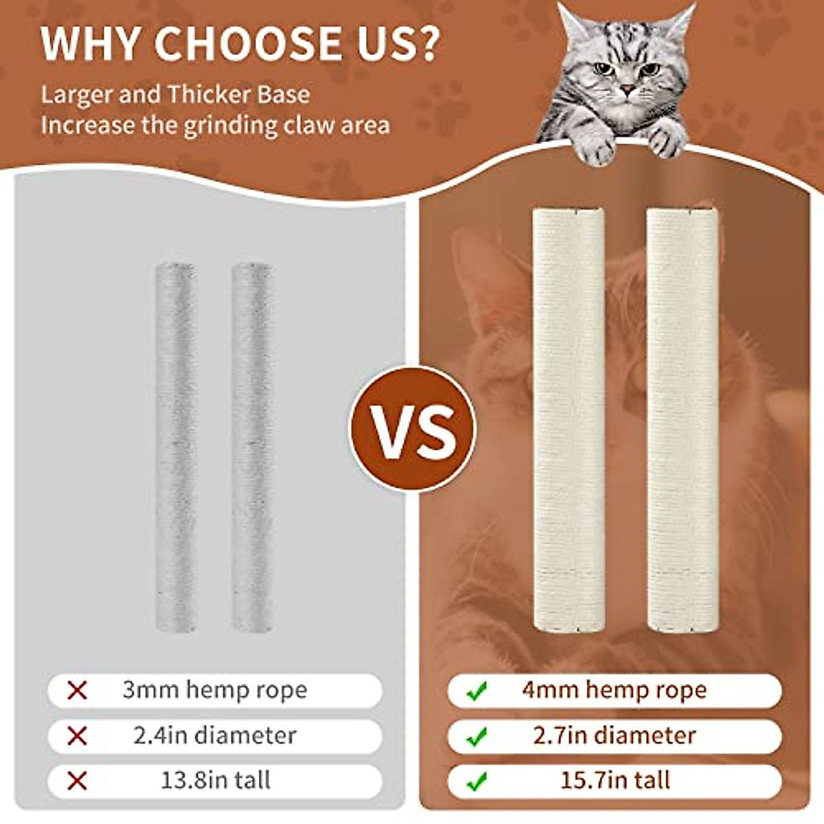 Cat Scratching Post Replacement Parts for Cat Tree, Sisal Rope Scratcher Post Refill, Cat Scratch Posts Refills Pole for Indoor Large Cats with Screws(2 Pieces 15.7" Tall)