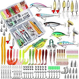 TCMBY 327PCS Fishing Lures Tackle Bait Kit Set for Freshwater Fishing Tackle Box with Tackle Included Fishing Gear and Equipment, Crankbait, Soft Worm, Spinner, Spoon, Topwater, Hook for Bass Trout.