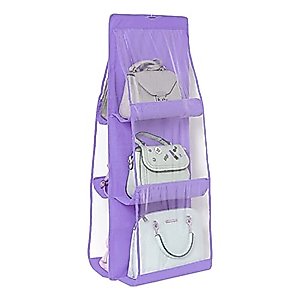 Tainrunse Hanging Bag 6 Pockets Dust Proof Handbag Storage Bag with Hanging Hook Household Products Purple
