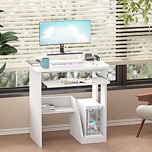 LERIJN 30Inch Small Computer Desk for Small Spaces, Computer desk with shelves and keyboard tray, Standing Compact Desk with Storage, Home Office Study Computer Desk with Monitor Stand, White