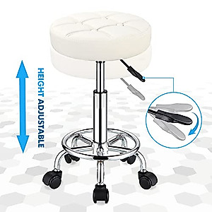 FNZIR Round Rolling Stools PU Leather Seat Height Adjustable Swivel Stool with Wheels White