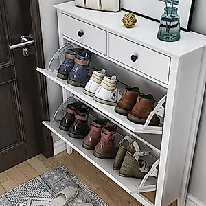 ECACAD Modern Shoe Storage Cabinet with 2 Flip Drawers & 2 Pull-Out Drawers, Wood 3-Tier Shoe Rack Organizer for Entryway, Bedroom, Hallway, White (35”W x 10”D x 41.1”H)