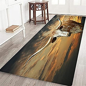 MATEKULI Long Runner Rug,Sunset Texas Longhorn Hill Country Western Old west Cowboys,Non-Slip Floor Carpet Hallway Doormat Entrance Door Mats Washable Area Kitchen Rugs