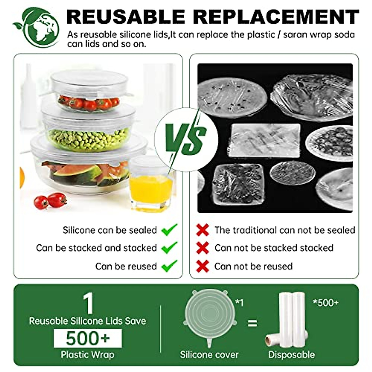 14 Pack Silicone Stretch Lids, 8 Different Sizes Leak-Proof Reusable Stretch Lids Include XXXL Diameter of 10.6” Food Storage Covers for 2.6”-13” Container, Microwave & Dishwasher & Refrigerator Safe