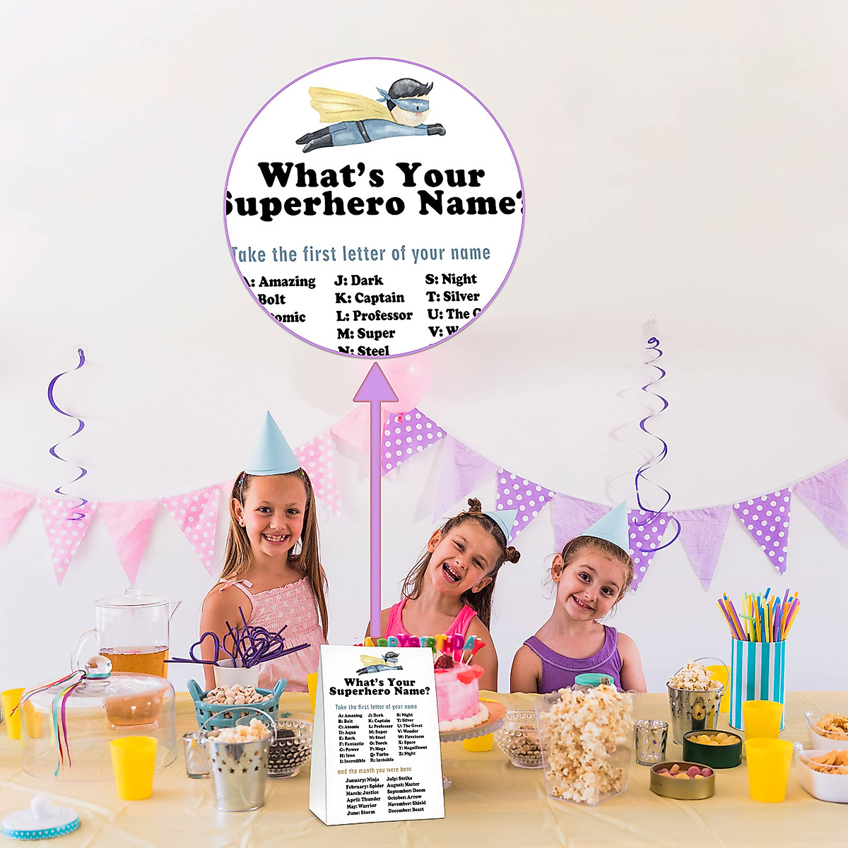 What's Your Superhero Name Game - Super Hero Birthday Party Games for Boys - Family School Classroom Activity - 1 Standing Sign and 30 Stickers - Kids Superhero Party Supplies Decorations(08)