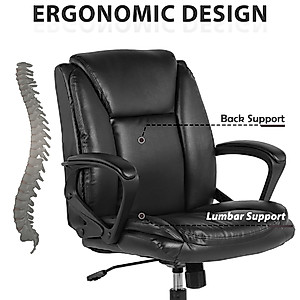 Office Chair,Executive Desk Chair with Lumbar Support,PU Leather Mid Back Computer Chair with 360-Degree Rolling Swivel Tilt，Ergonomic Desk Chair with Padded Armrest for Adult Men Women,Black