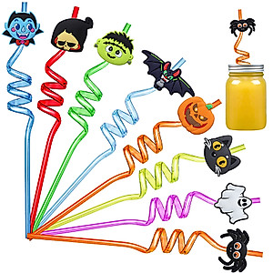 24 Pcs Halloween Party Favors Halloween Straws Reusable Plastic Crazy Straws Bats Pumpkin Cat Ghost Straws with 2 Cleaning Brush for Kids Halloween Party Supplies Birthday Decoration, 8 Styles