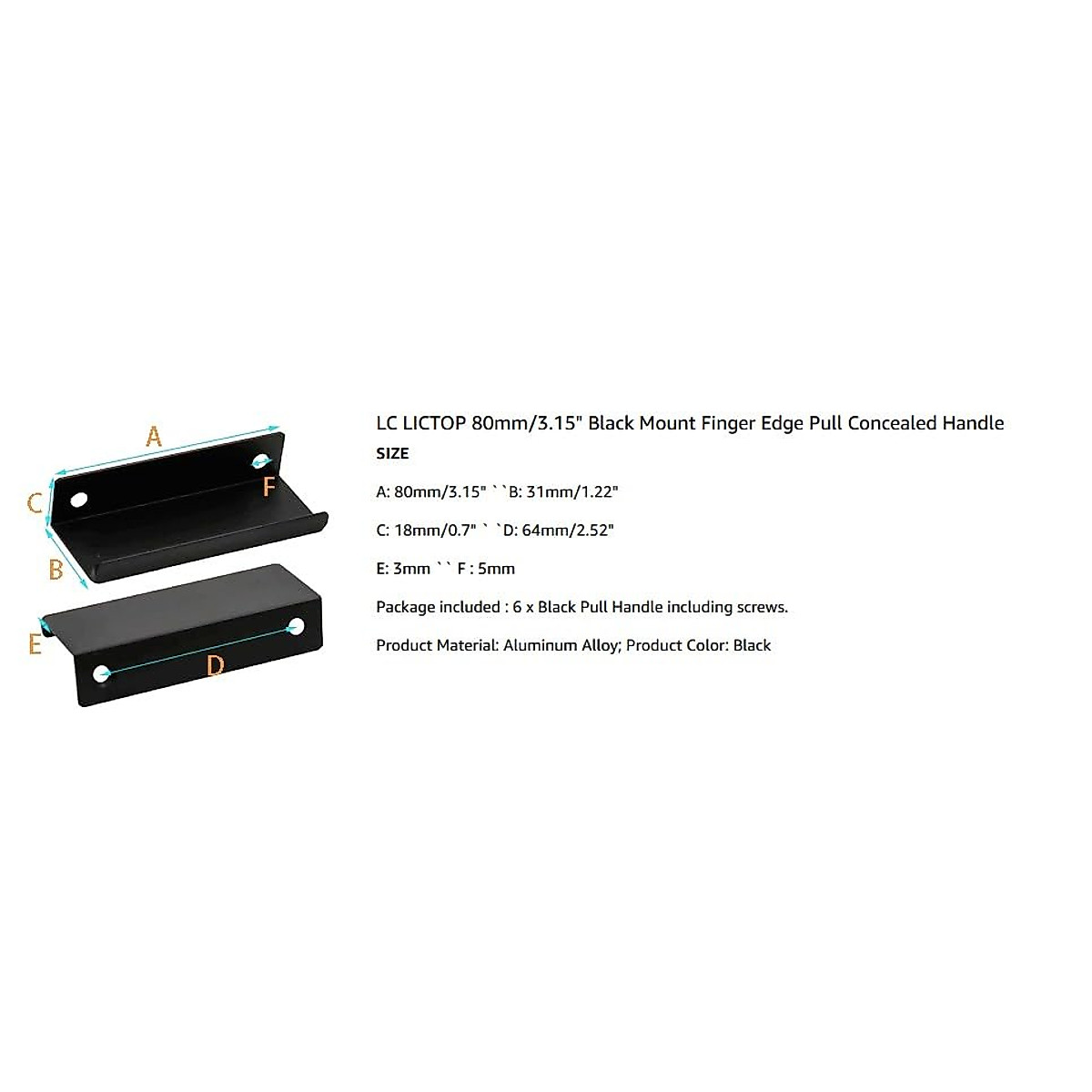 LC LICTOP 80mm/3.15" Black Back Mount Finger Edge Pull Concealed Handle for Home Kitchen Door Drawer Cabinet(6Pcs)