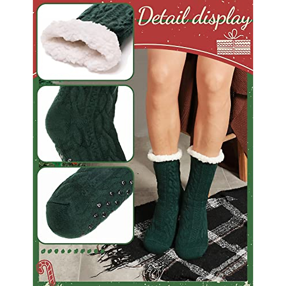 ANTSANG Mens Fuzzy Slipper Socks Fluffy Cozy Cabin Winter Warm Fleece Soft Thick Comfy Anti Slip Christmas Gift Stocking Stuffer for Teen Boys(Green)