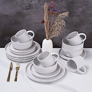 MTLWTL Dinnerware Sets, Dish Set for 4, 16 pieces Ceramic Plates and Bowls Set with Mugs, Microwave, Oven & Dishwasher Safe, White Speckled