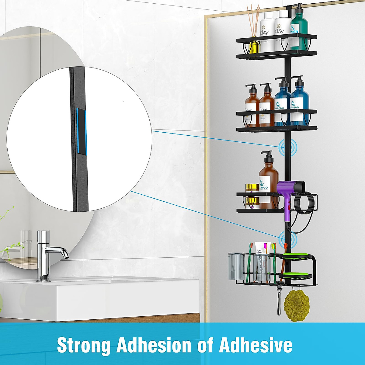 Kerisgo Over The Door Shower Caddy, 4-Tier Adjustable Over Hanging Shower Door Caddy Shelf, No Drilling Shower Organizer Shelf With Soap Holder, Body Wash, Shampoo, Razor, Black
