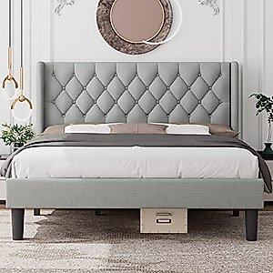 Feonase Upholstered King Bed Frame with Wingback, Platform Bed with Diamond Tufted Headboard, Heavy Duty Bed Frame, Wood Slat, Easy Assembly, Noise-Free, No Box Spring Needed, Light Gray