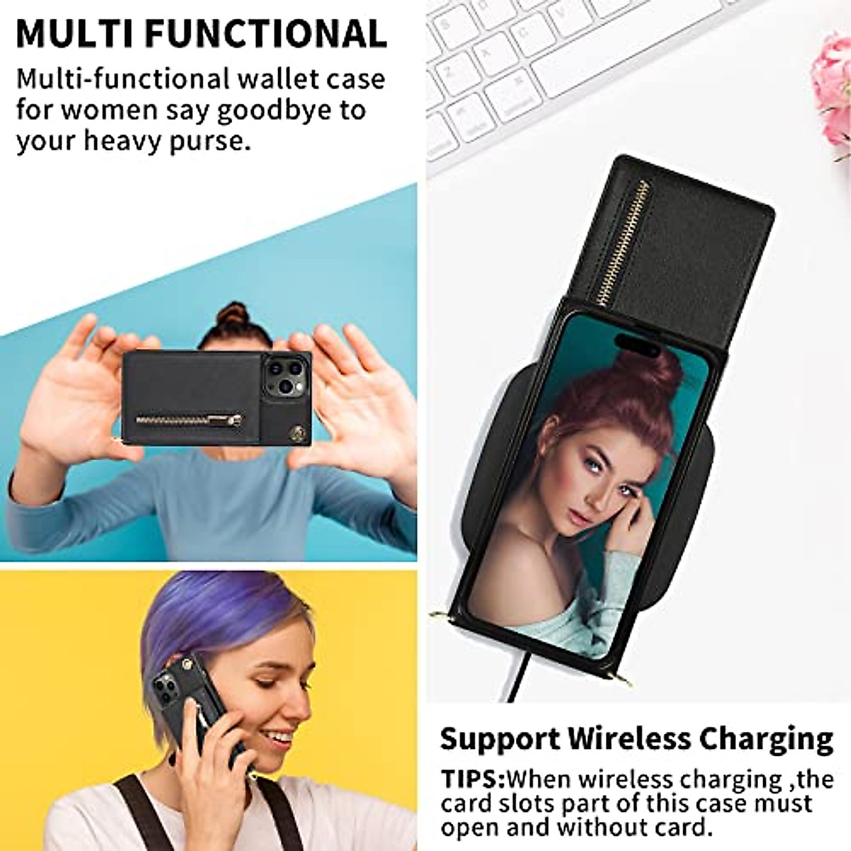 HOGGU Crossbody iPhone 14 Pro Max Case Wallet with Card Holder, Flip Leather iPhone 14 Pro Max Crossbody Case with Strap, Kickstand, Zipper Purse, Protective Square Phone Case for Women Girls-Black