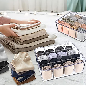 Hiitytin 2Pcs Socks Bra Underwear Drawer Organizer for Closet, Plastic Storage Box with 16 Removable Compartments and Lid, Clear Dresser Drawer Organizer Storage Container with Dividers for Ties Belts