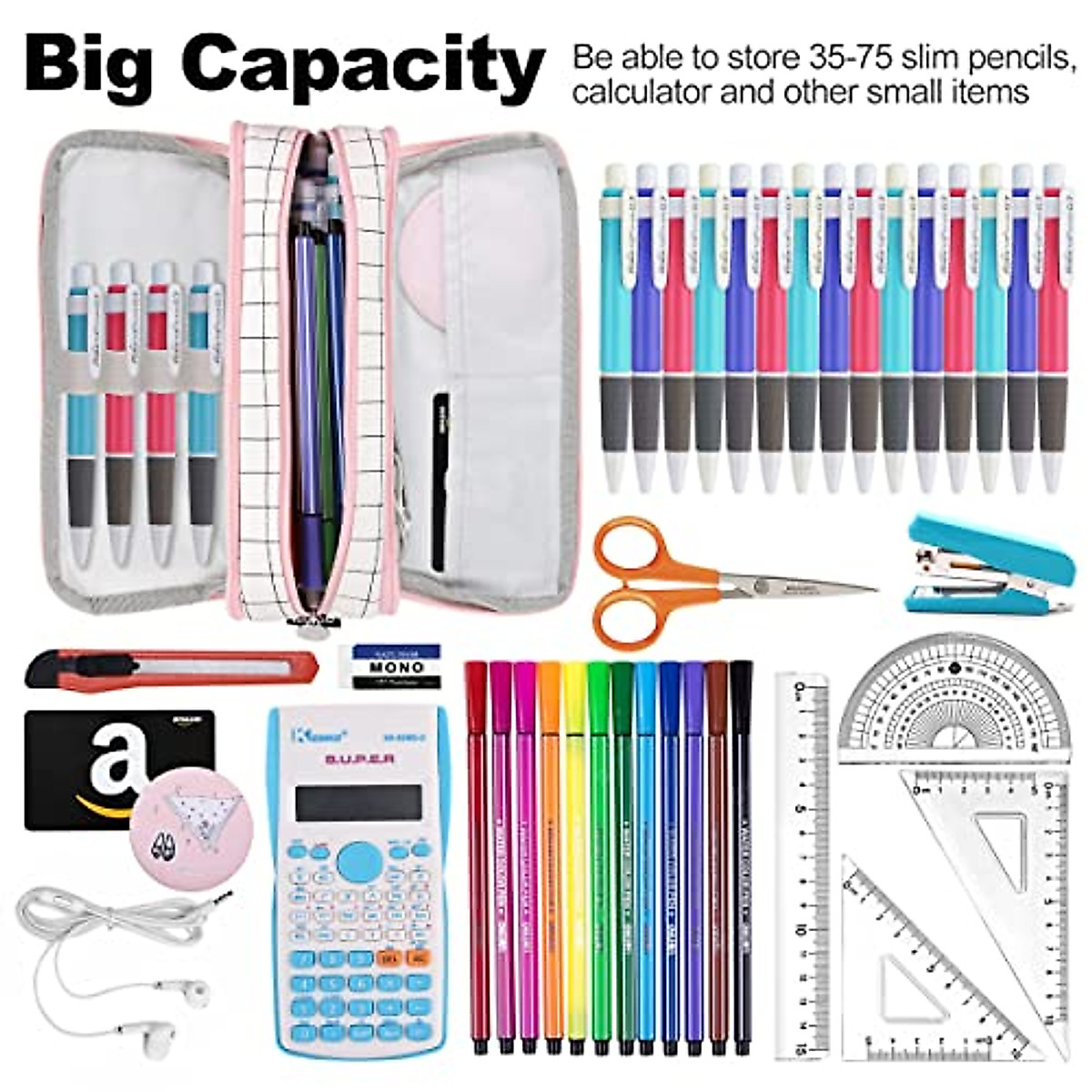 Chelory Big Capacity Pencil Case Large Storage Pencil Bag Pouch Marker 3 Compartment Stationery Pen Cases Holder for Adults Office Organizer Gifts (Plaid White)