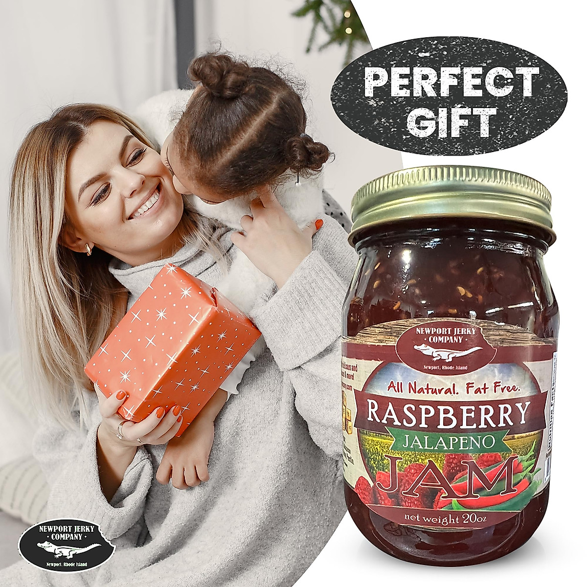 Newport Jerky Company All Natural Gourmet Raspberry Jalapeno Jam | Classic Spread for Burgers, Sandwiches, Toast, Cream Cheese, Charcuterie | Made in the USA! | Large Re-Usable 20 oz Glass Jar | FAT FREE, GLUTEN FREE & ALL NATURAL