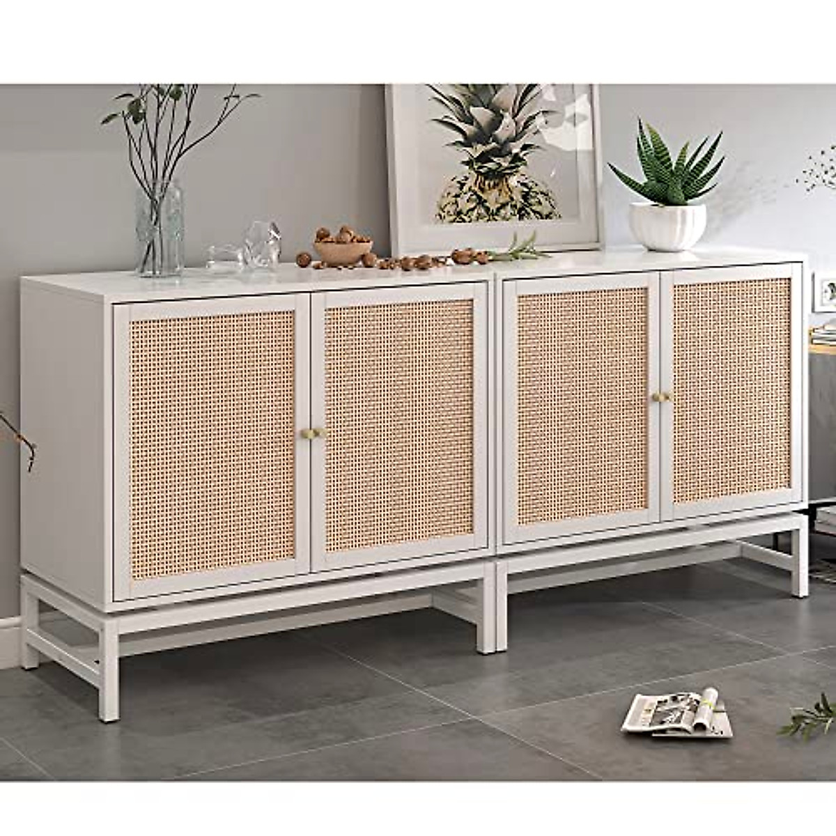 AWQM 2pcs Rattan Sideboard Buffet Cabinet with Storage,Kithchen Accent Storage Cabinet with Doors Console Table with Adjustable Shelves,Wood Console Cabinet for Dining Room,Living Room,White