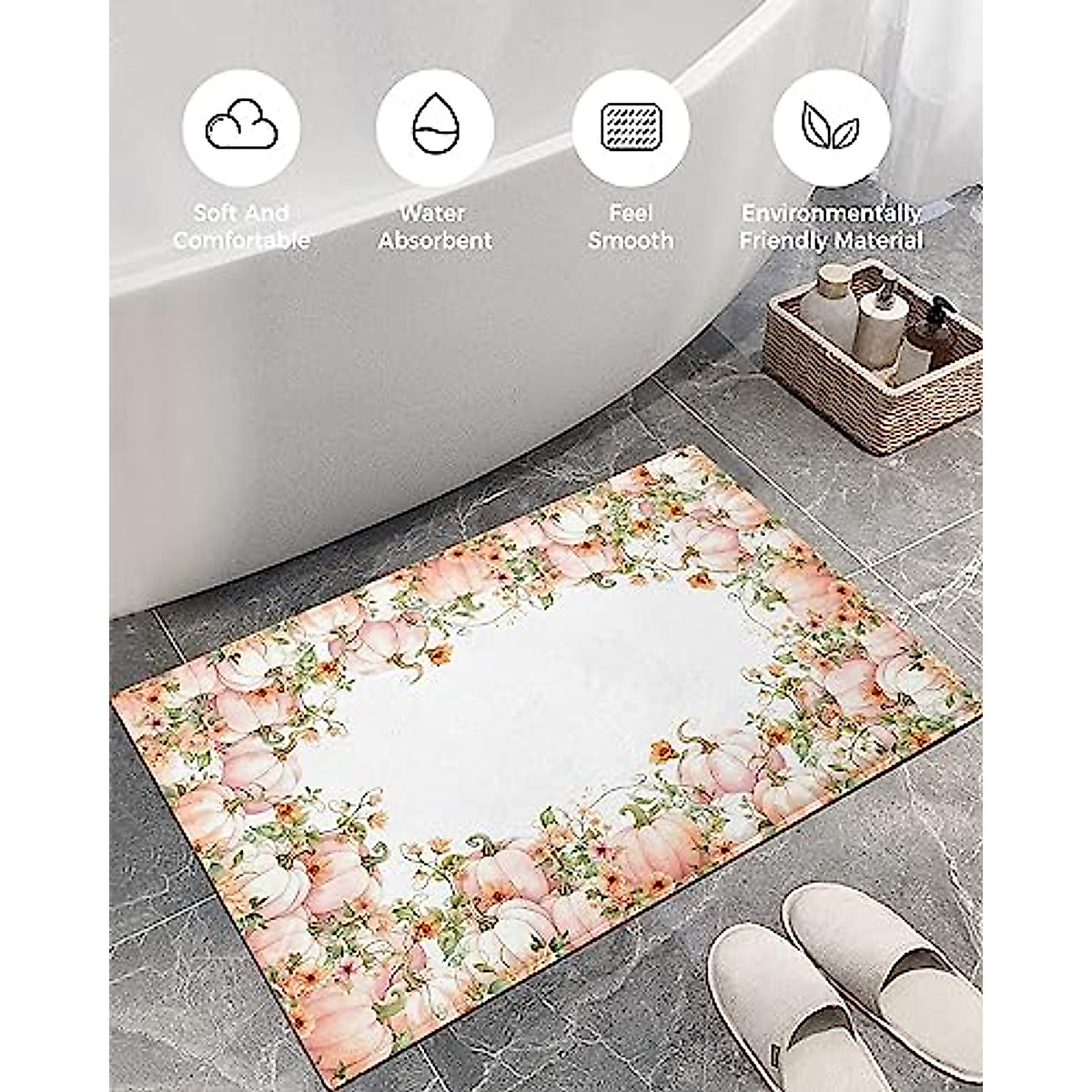 Floor Door Mats Shaggy Carpet Thanksgiving Fall Pumpkin Seamless White,Non Slip Soft Bath Rug Autumn Farm Plant,Fuzzy Area Cushion for Kitchen/Bedroom/Bathroom/Living Room Decor 24x35In