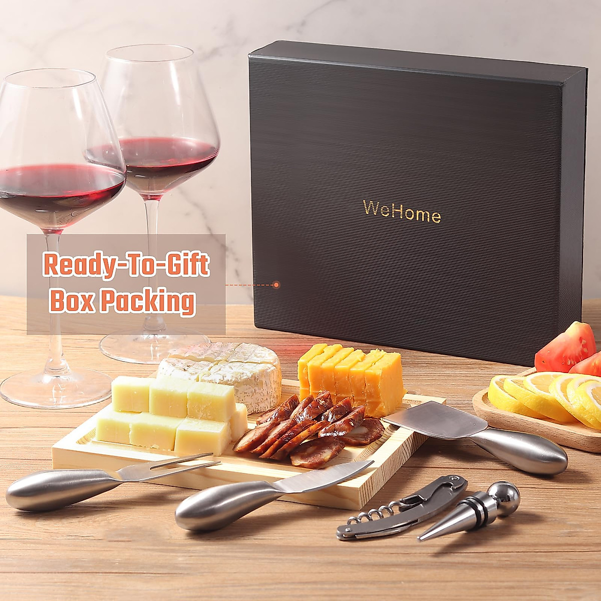 Cheese Gifts Wine Gifts，Cheese Knife Set with Cutting Board and Wine Tools，Cheese Knives for Charcuterie Board Accesories,Cheese&Wine Tools Set（Gift-Ready Box）