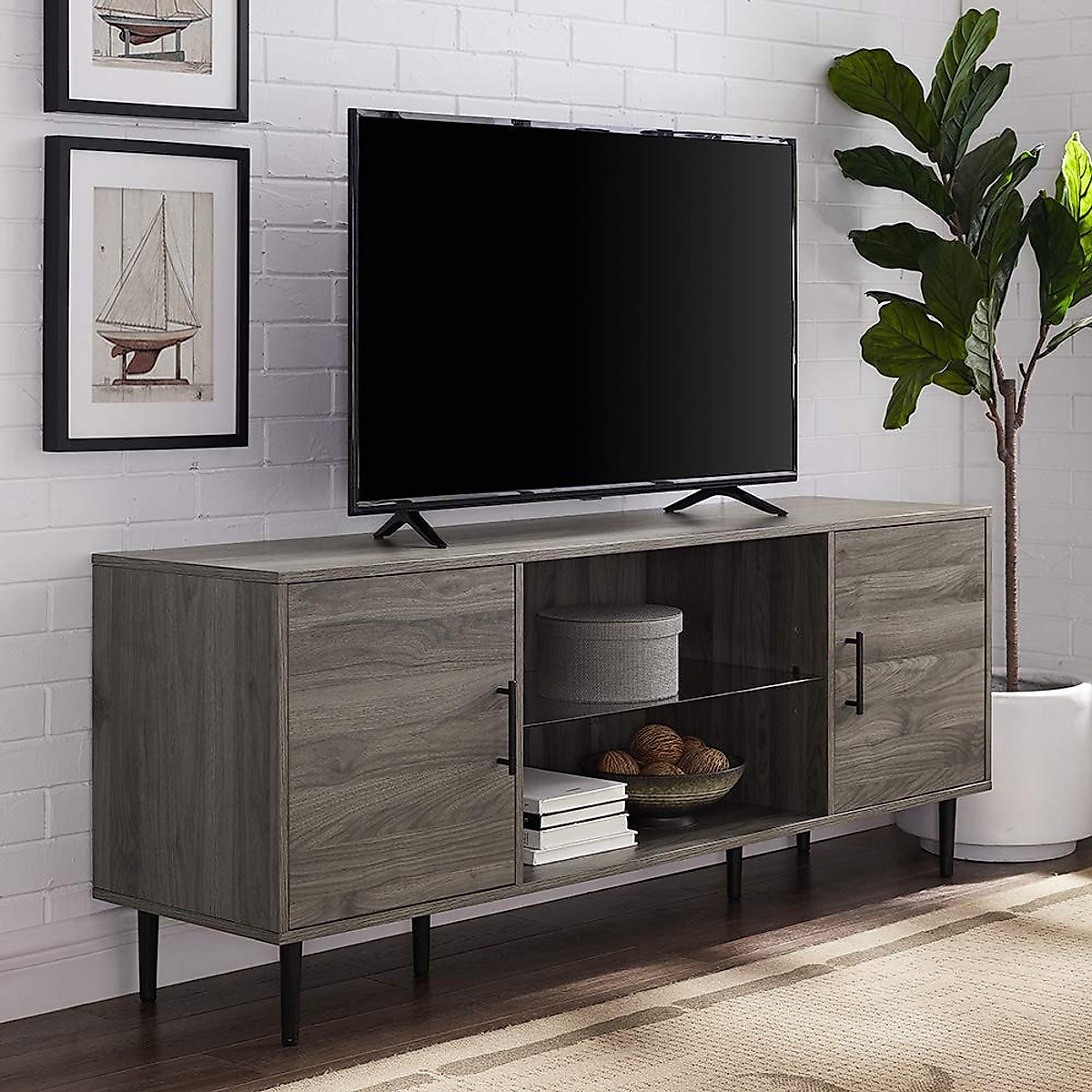Walker Edison Saxon Mid Century Modern Glass Shelf TV Stand for TVs up to 65 Inches, 60 Inch, Slate Grey