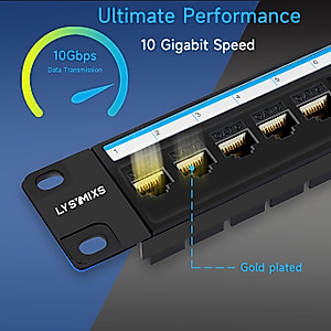 Lysymixs 24 Port RJ45 Patch Panel Cat6 Feed Through, Coupler Network Patch Panel 19 Inch, Inline Keystone Ethernet Patch Panel with Back Bar