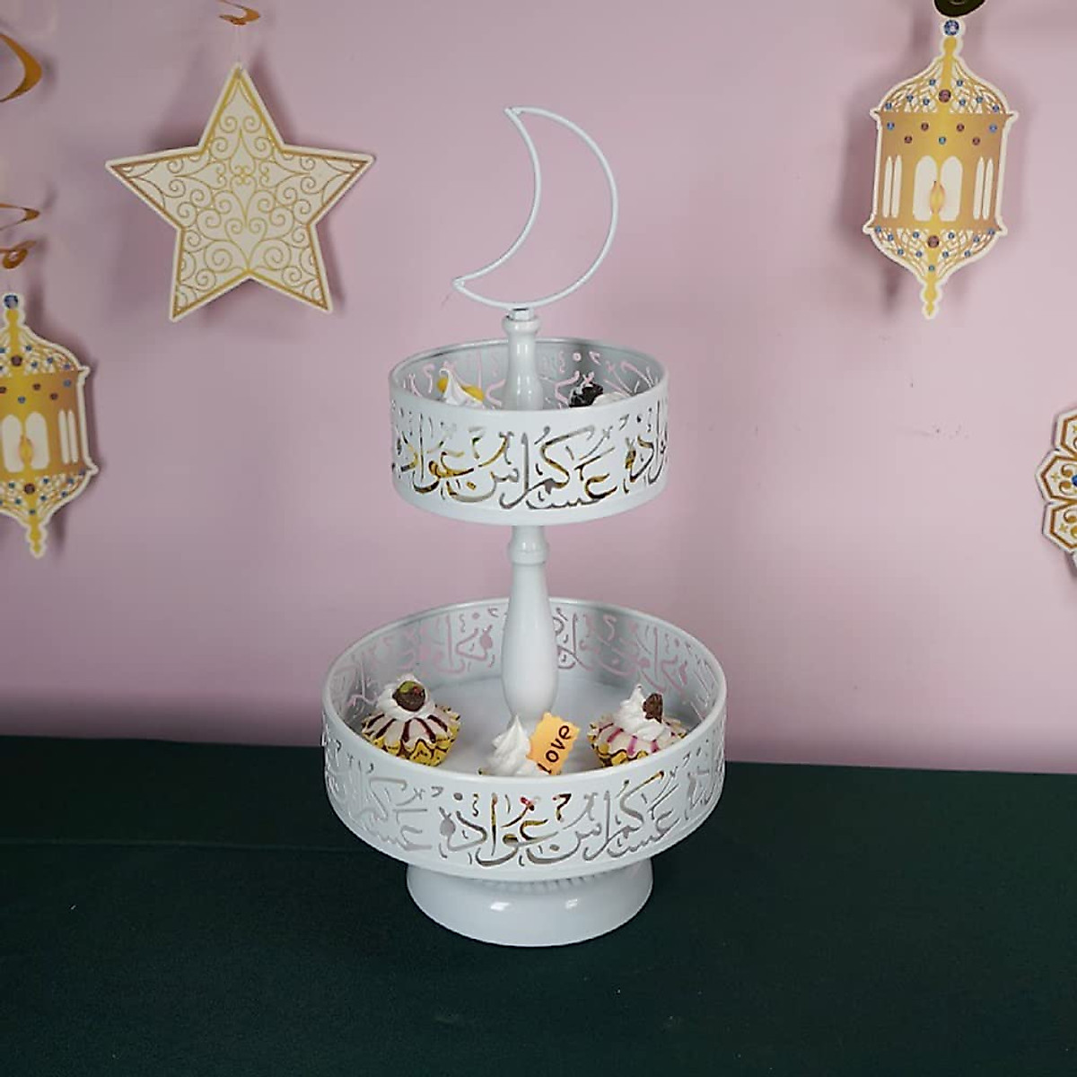 Ramadan Metal Serving Tray Moon Decor Trays Cookies Dessert Display Plate Serving Tower Tray Eid Double-Layer Pastry Tray Islam Muslim Al-Fitr Iftar Party Crescent Iron Platters Table Decor Type 6