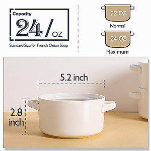 DELLING Set of 6 Soup Bowls with Handles, 24 Oz Large Serving Soup Bowl Set 10 inch White Dinner Plates Set, Porcelain Dessert