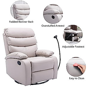 GNMLP2020 Swivel Rocking Recliner Chair, Manual Recliner Chair with Cell Phone Holder, PU Leather Small Rock Recliner Easy to Operate Reclining for Living Room, Nursery, Beige