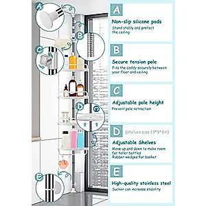 XLHOMO 36 to 122 Inch Corner Shower Caddy Tension Pole, Rustproof Drill-Free Shower Shelves for Bathroom, Shower Organizer with 4 Tier Adjustable Shelves Towel Bars