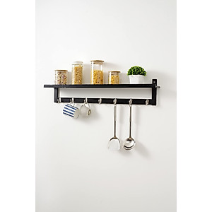 YourWoodStore Wall Mounted Coat Rack with Shelf, Floating Shelf, Black, Wooden, 7 Alloy Hooks, 35 Inch, Supports Conventional Stud Spacing(32Inch), Entryway Organizer, Key Holder
