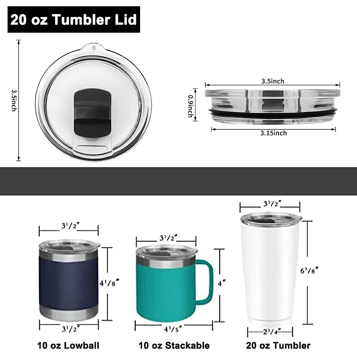 20oz Tumbler Lid, 2 Pack Tumbler Replacement Lids for YETI 20oz Tumbler, 10/24 oz Coffee Mug and 10oz Lowball, Top Replacement Magnetic Slider Lid, Spill Proof Cup Lids Covers with Slider Switch