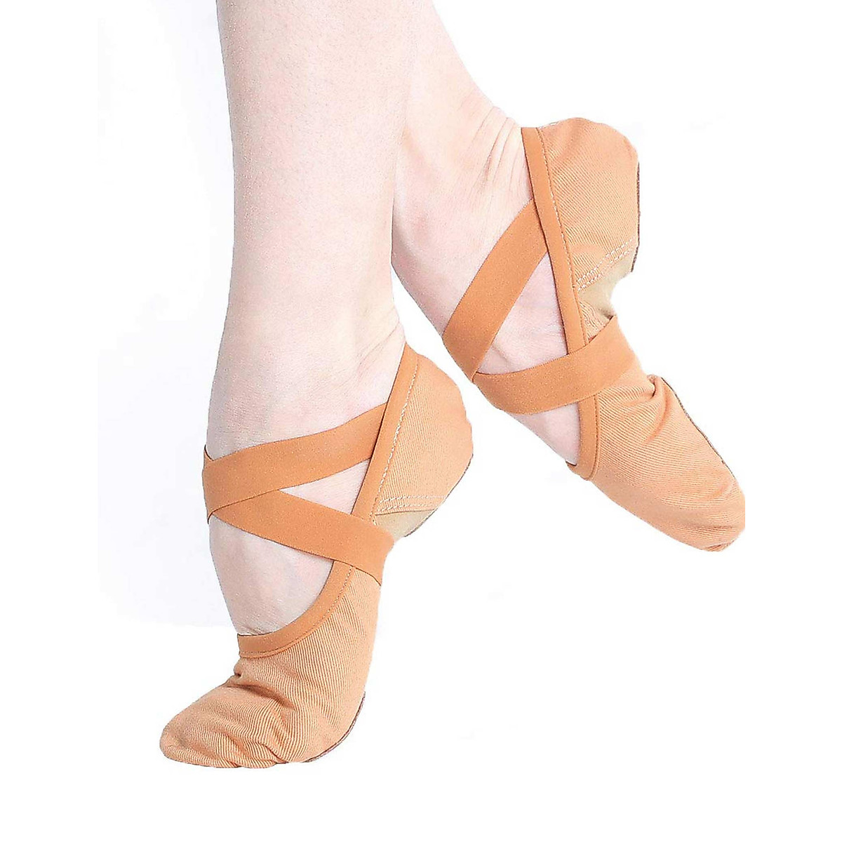 Daydance Brown Women Ballet Shoes Elastic Canvas Split Sole Dance Slippers for Adult