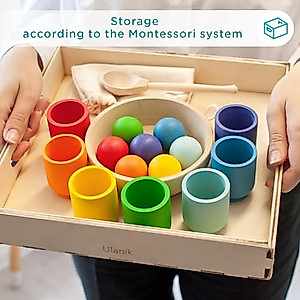 Ulanik Rainbow Balls in Cups Toddler Montessori Toys for 1+ Year Old Kids Wooden Matching Game for Learning Color Sorting and Counting — 7 Balls, 1.18 in